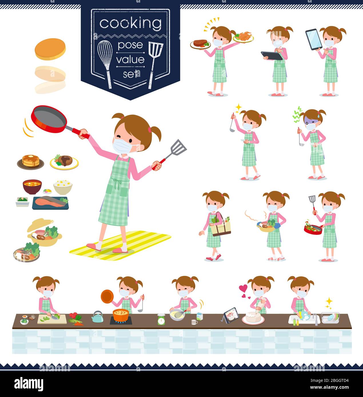 A set of gir lwearing mask about cooking.There are actions that are ...
