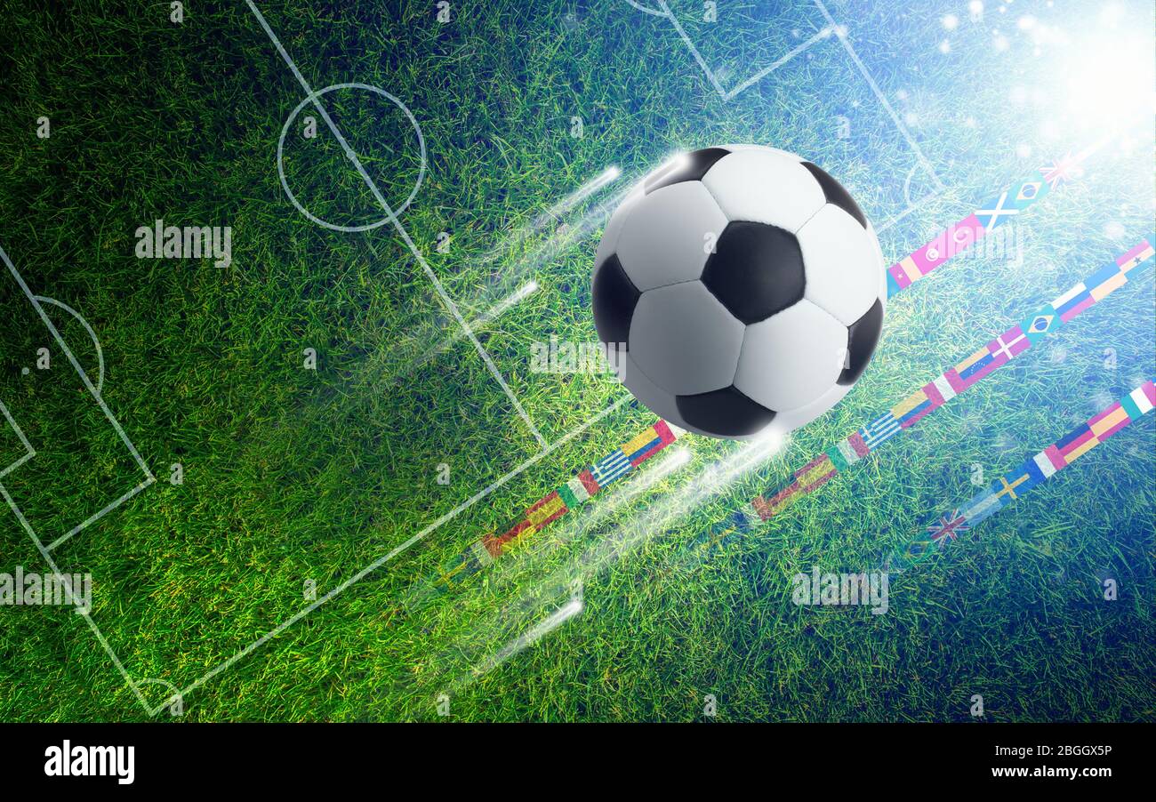Soccer ball is flying over soccer stadium with white layout, bright ...