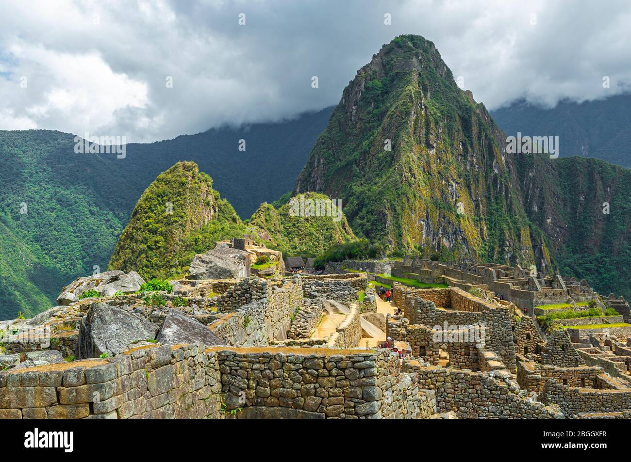 Close up of Inca Walls in the Inca Ruin of Machu Picchu with the Huayna ...