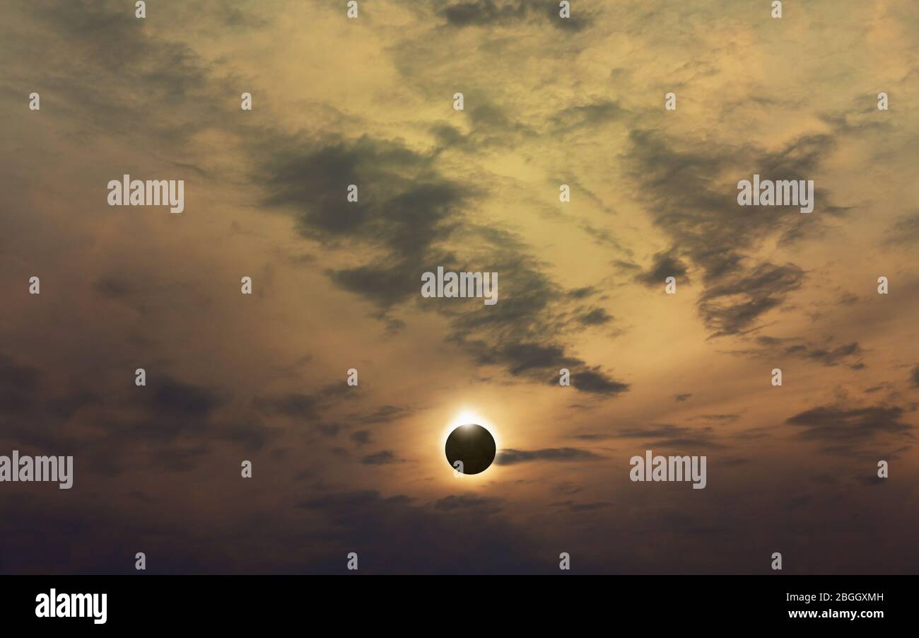 Amazing scientific background - total solar eclipse in dark red glowing ...