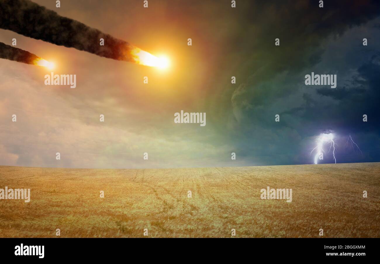 Asteroid impact, end of world, judgment day, dramatic dark stormy sky ...