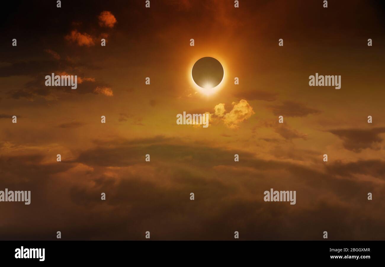 Amazing scientific background - total solar eclipse in dark red glowing ...