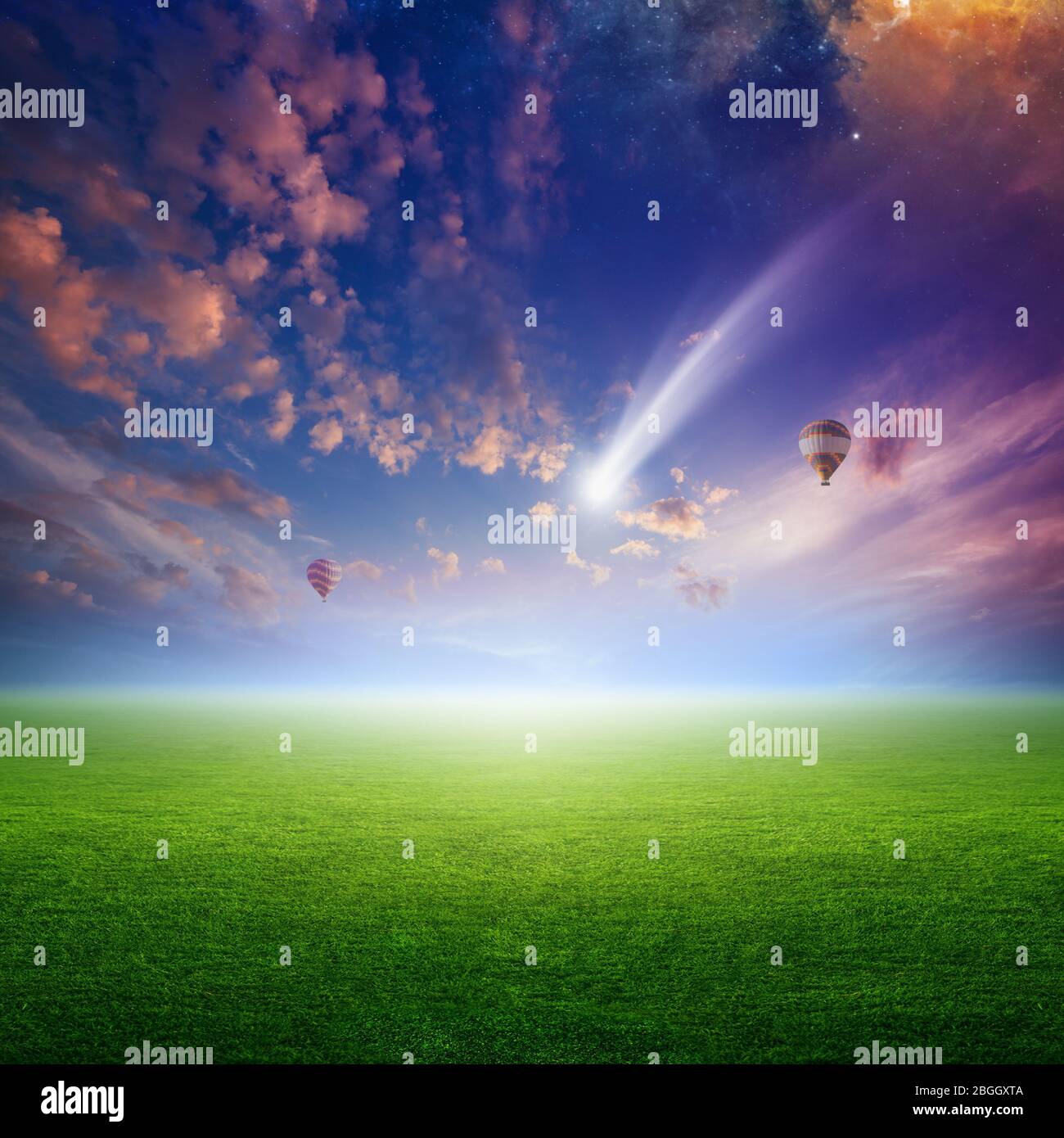 Beautiful glowing sunset with falling comet with long tails like ...