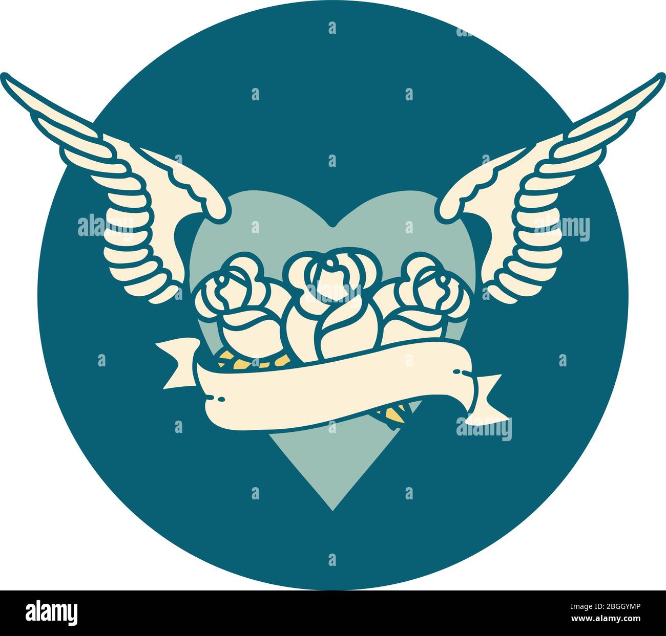 iconic tattoo style image of heart with wings flowers and banner Stock ...