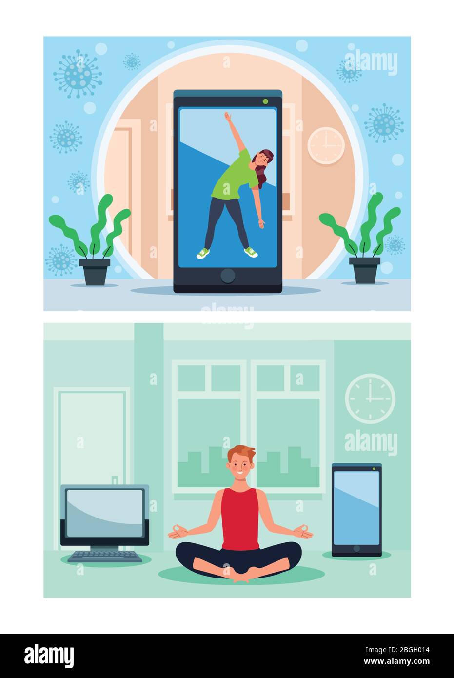 couple practicing online exercise for quarantine Stock Vector Image ...