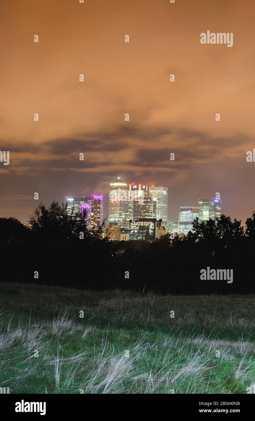 Grassland at Night with Docklands in Distance, London, England, UK ...