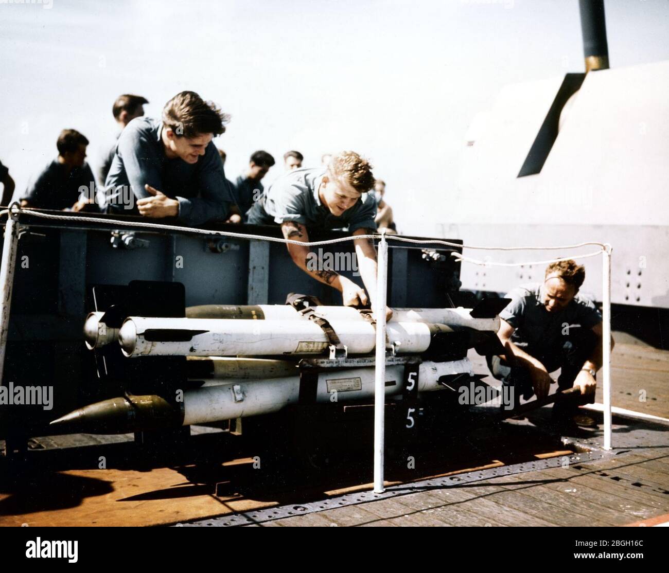 High-Velocity Aircraft Rockets (HVAR) on a US Navy aircraft carrier ...