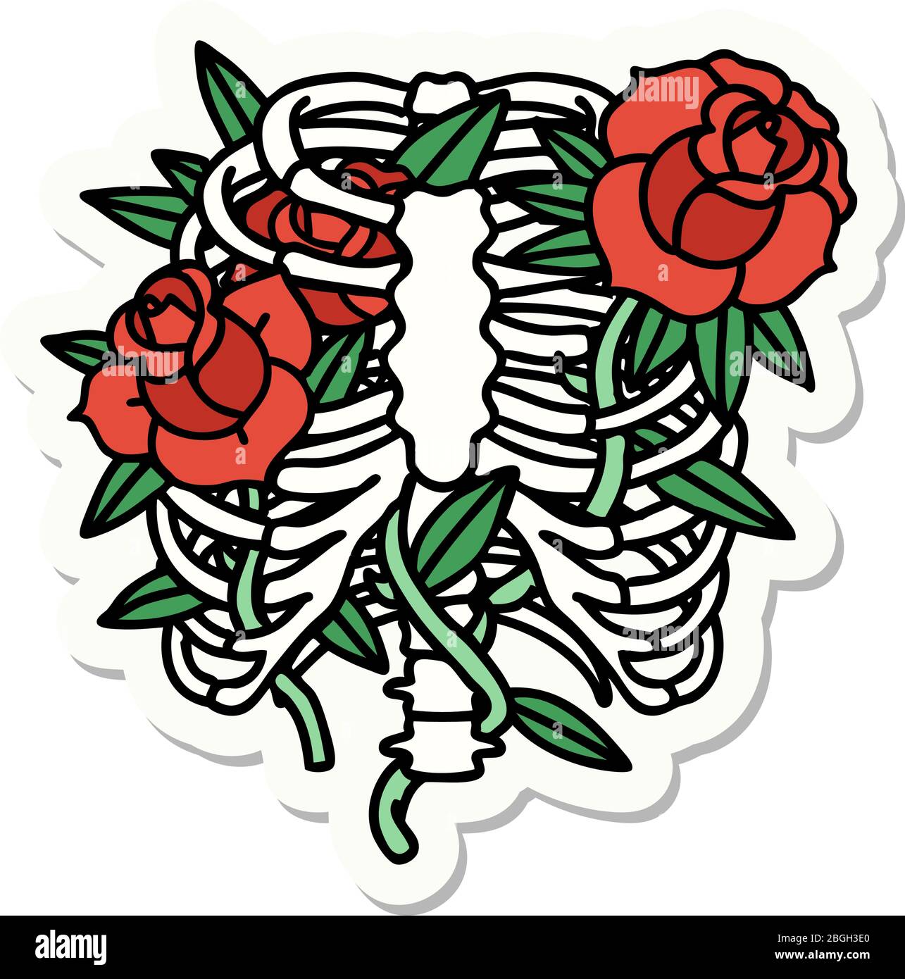 sticker of tattoo in traditional style of a rib cage and flowers Stock ...