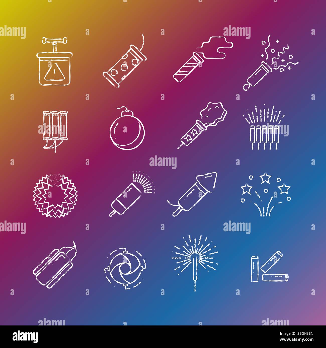 Fireworks, pyrotechnic chalk drawing icons on colorful background ...