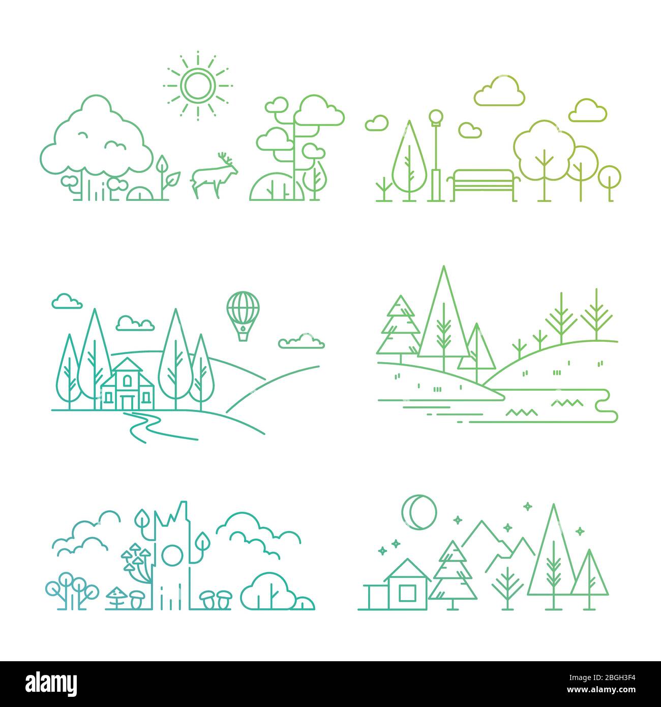 Bright nature landscape outline icons with tree, plants, mountains ...