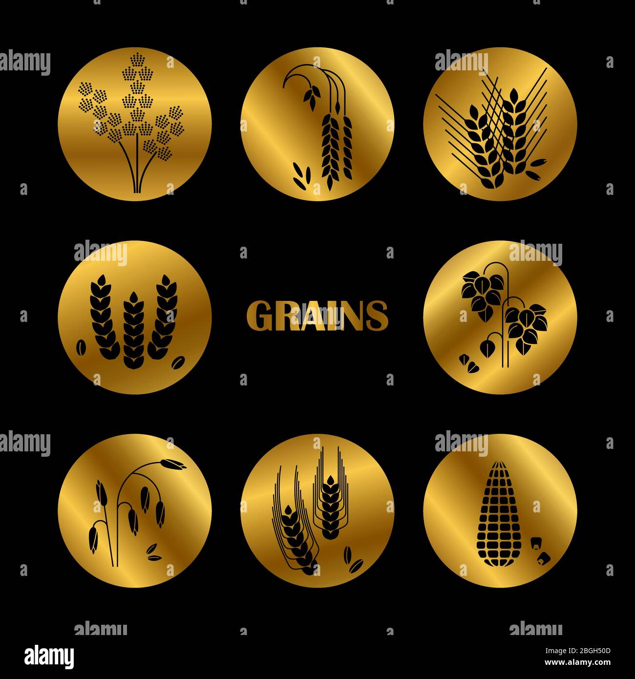 Black grains silhouette on golden background. Vector cereals icons ...