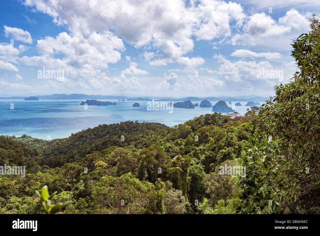 forest and sea view from rough and rocky mountain top Stock Photo - Alamy