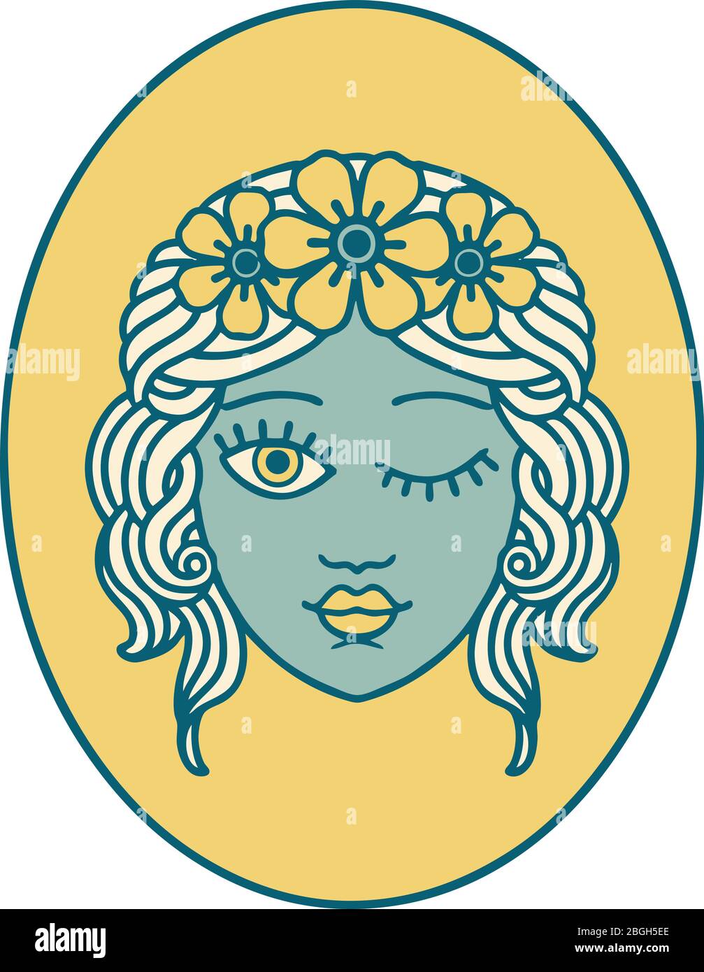 iconic tattoo style image of a maiden with crown of flowers winking ...