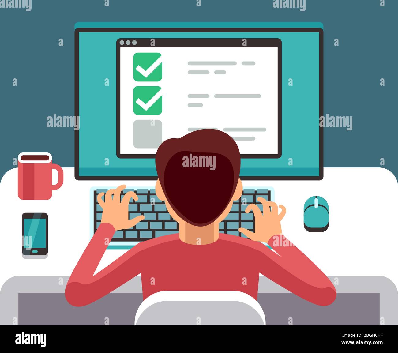 Man at computer filling online questionnaire form. Survey vector flat ...