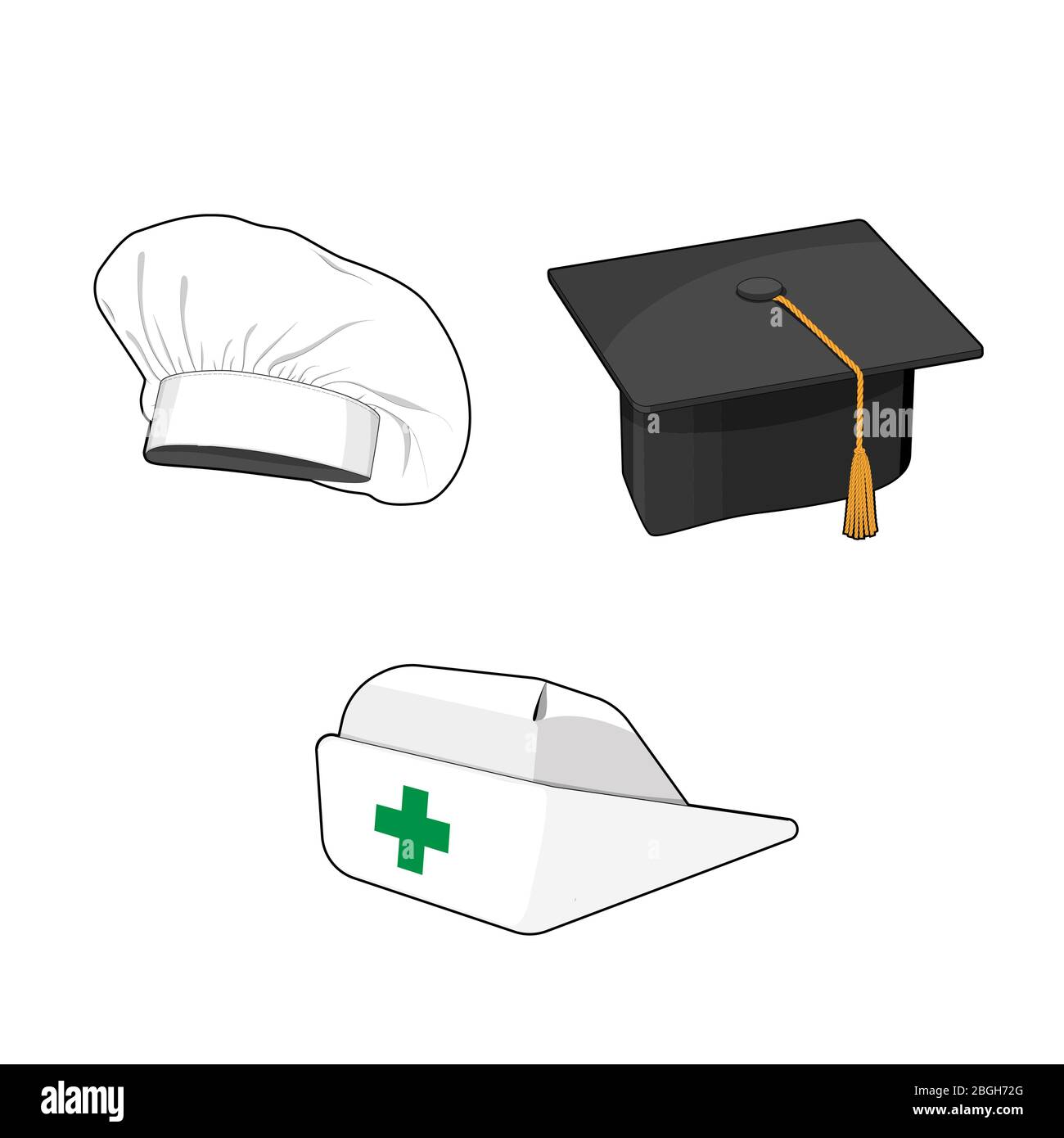 Profession hat set. Nurse cap, cook chef's hat, graduation black square ...