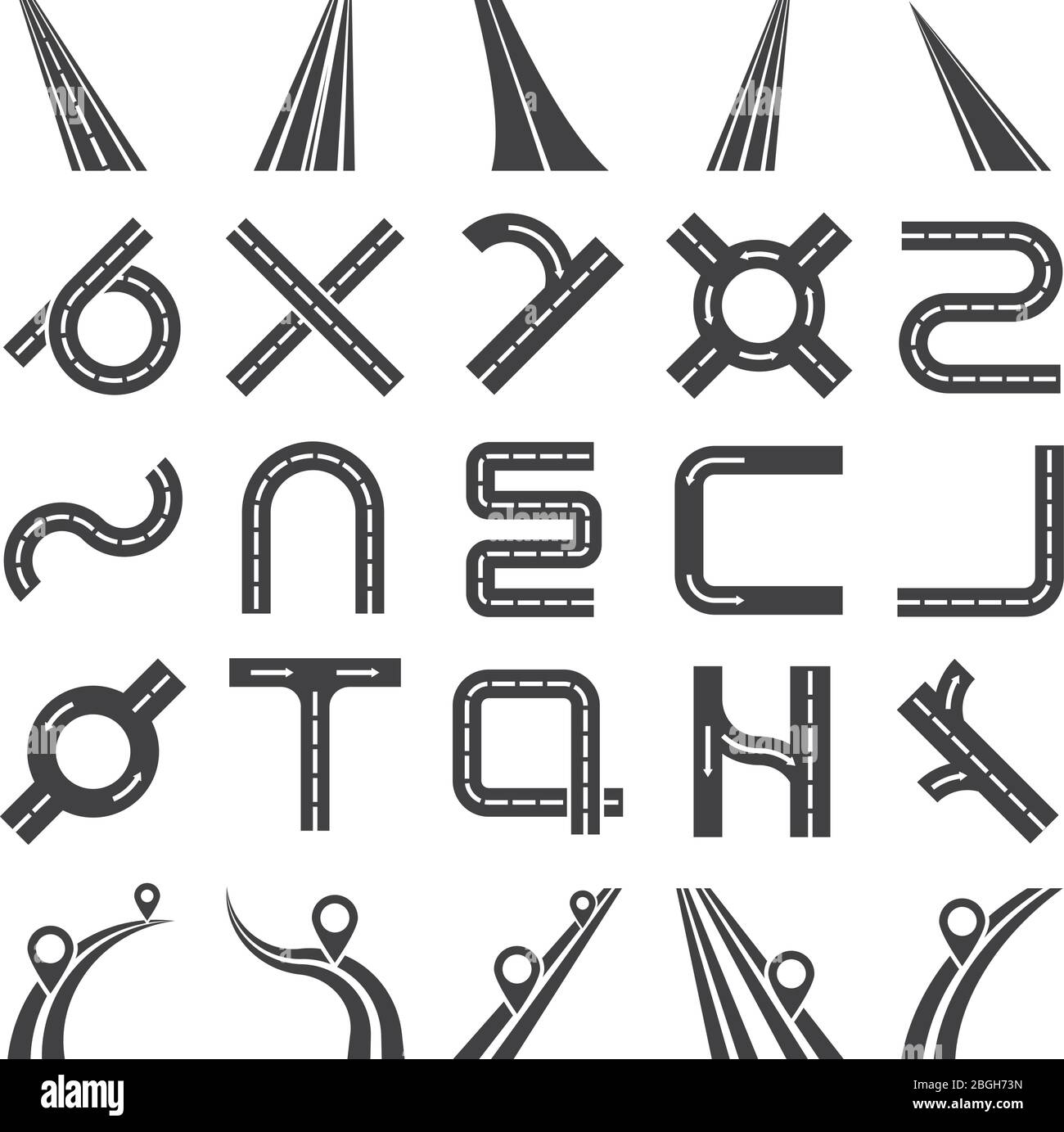 Road, traffic way and highway icons. Driving pathway and navigation ...