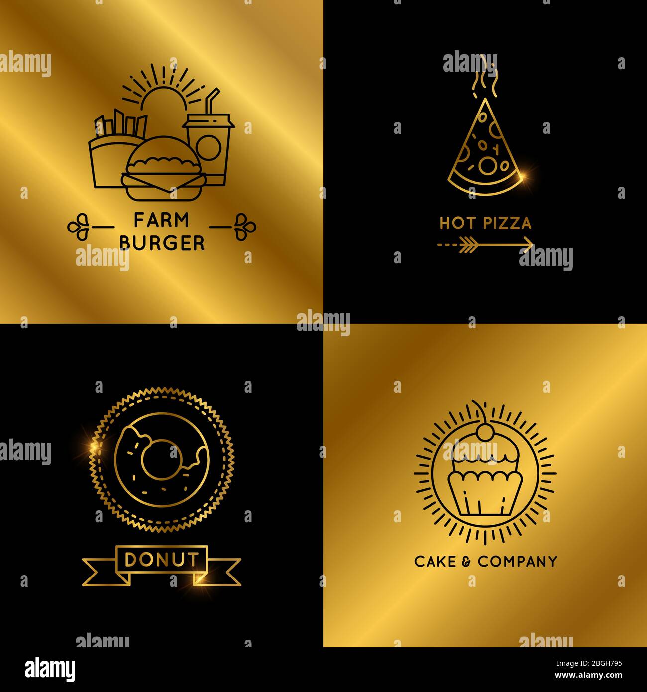 Black and golden fast food restaurant and cafe vector logo in linear ...