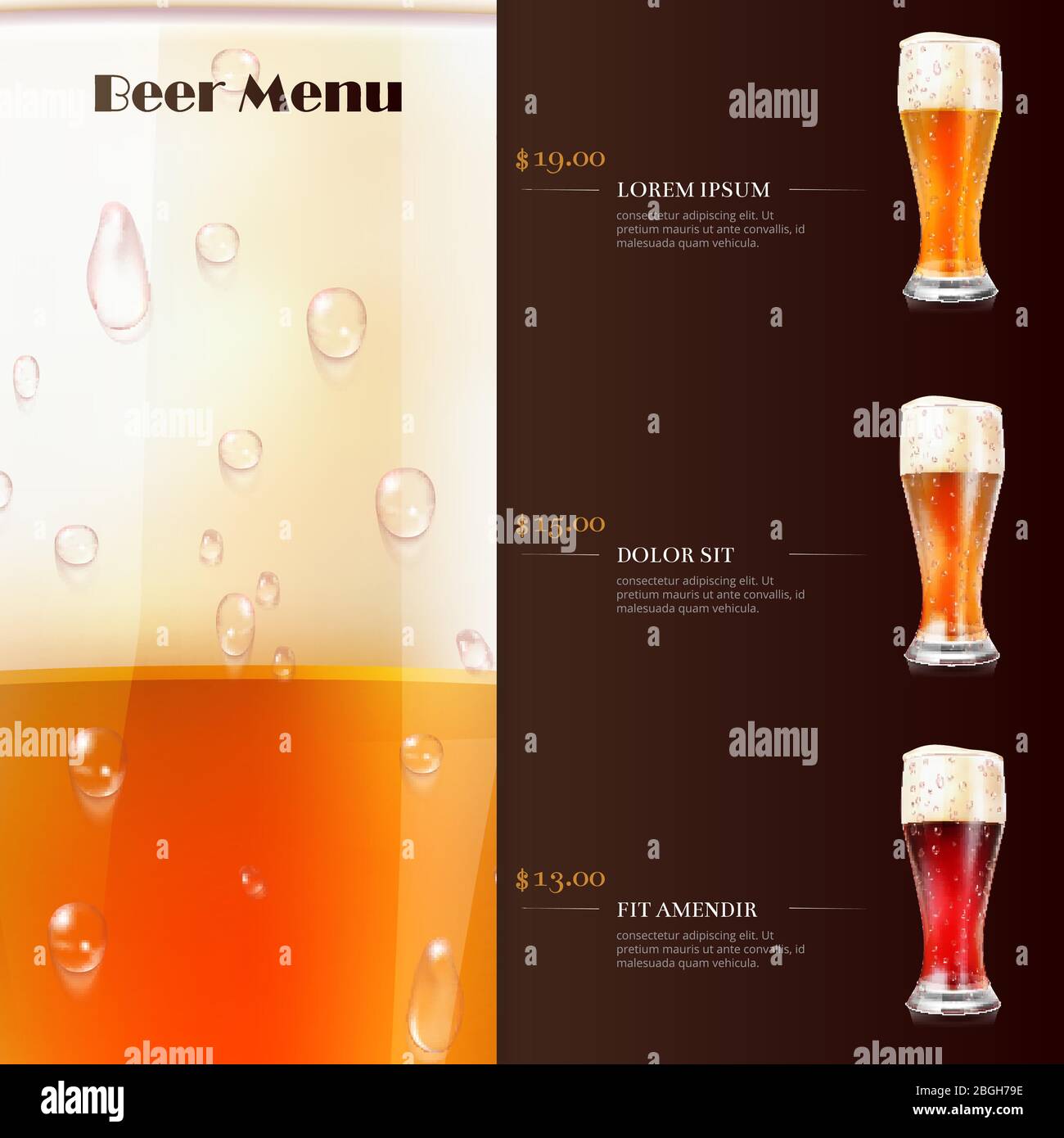 Beer menu flyer template with realistic glasses of beer. Vector ...