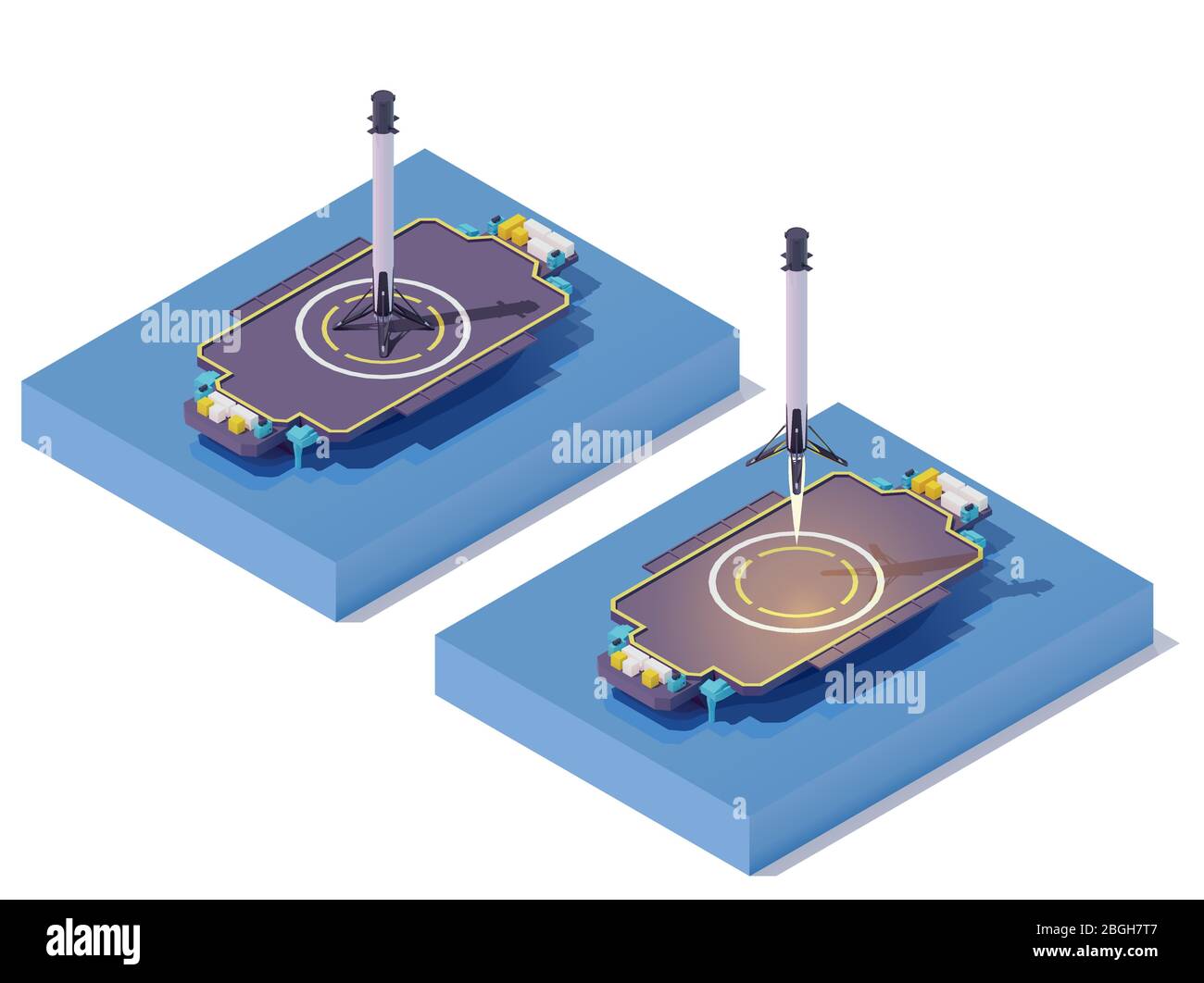 Vector isometric rocket landing on barge. Space ship sea launch or ...