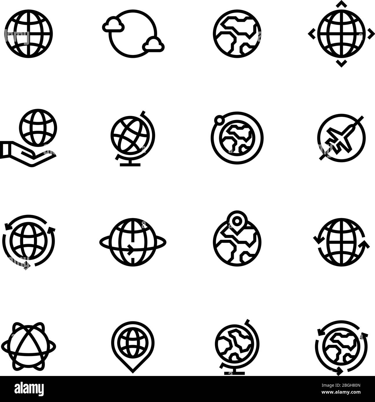 Global world, globe outline icons. Earth, map and travel simple line ...