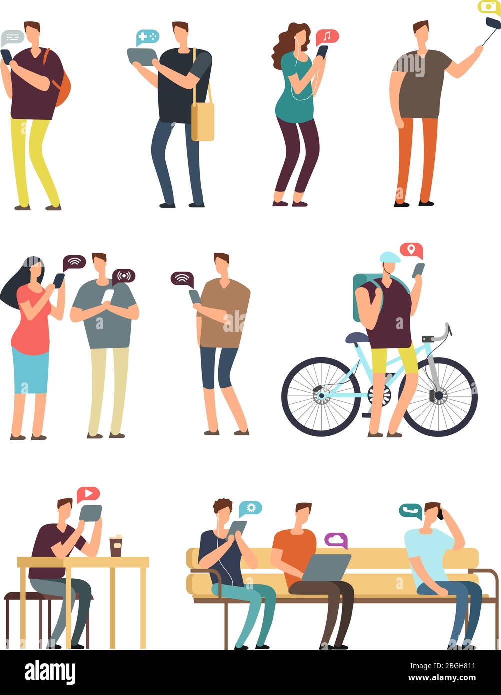 People using cellphone, mobile internet and smartphone addiction vector concept. Cartoon vector ...