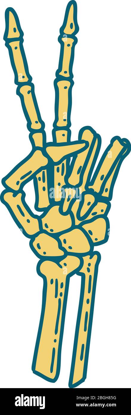 iconic tattoo style image of a skeleton giving a peace sign Stock ...