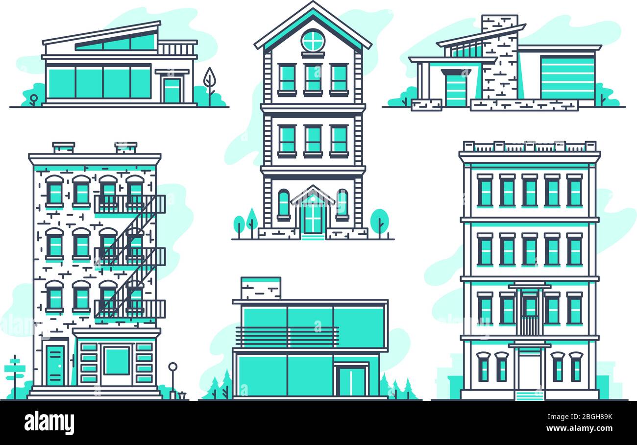 Contemporary urban and suburban houses line icons set. Real estate ...