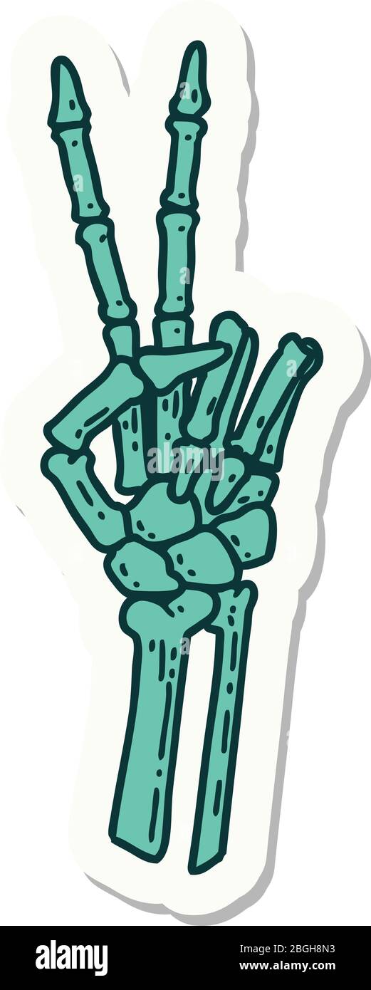 sticker of tattoo in traditional style of a skeleton giving a peace ...