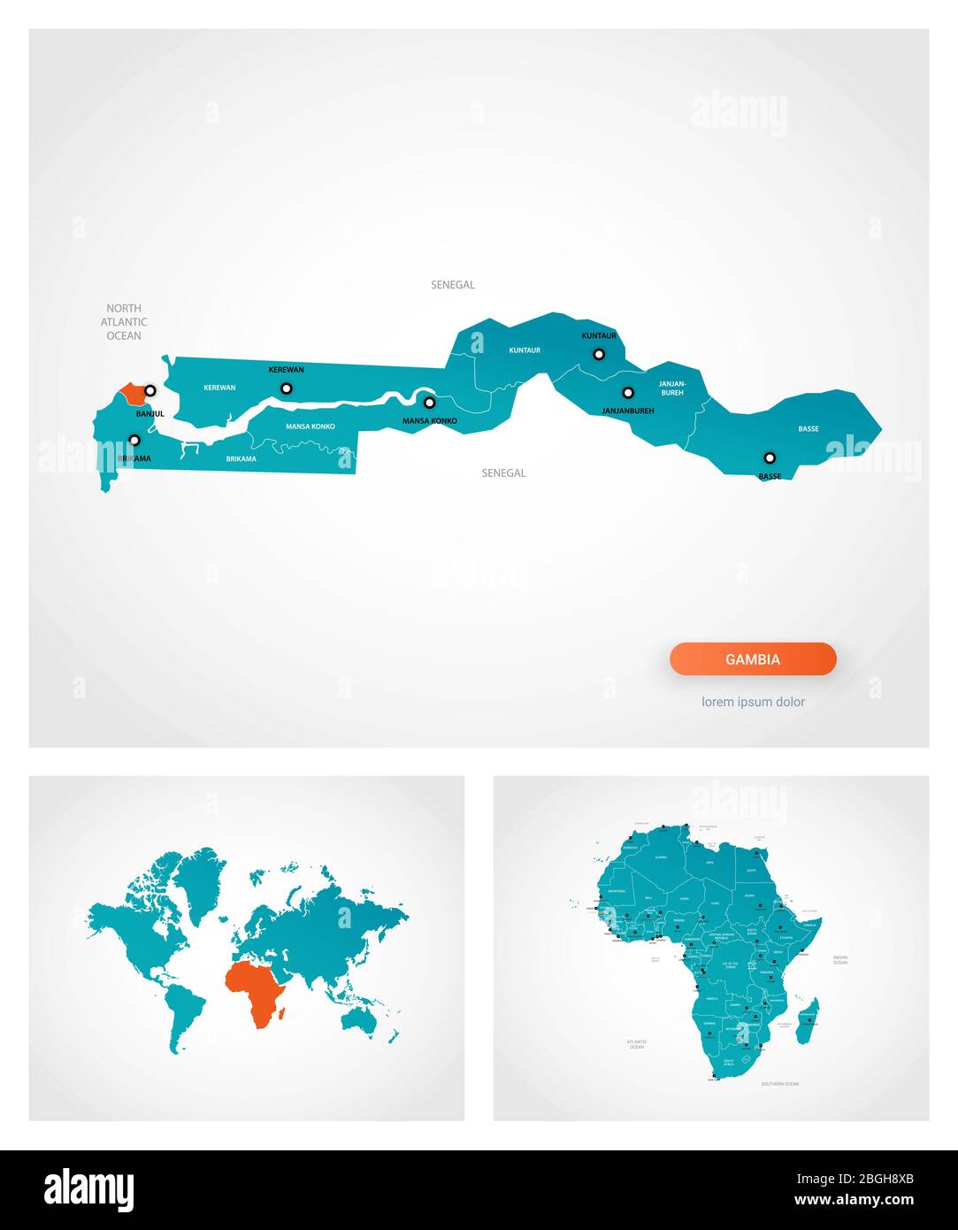 Editable template of map of Gambia with marks. Gambia on world map and ...
