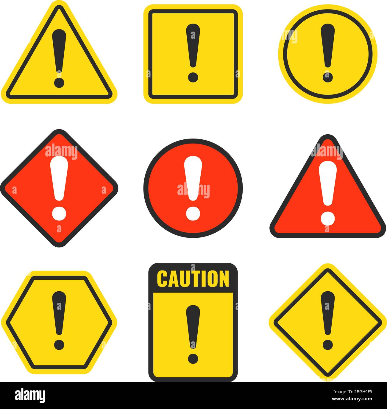 Exclamation mark beware icons. Attention and caution signs. Hazard ...