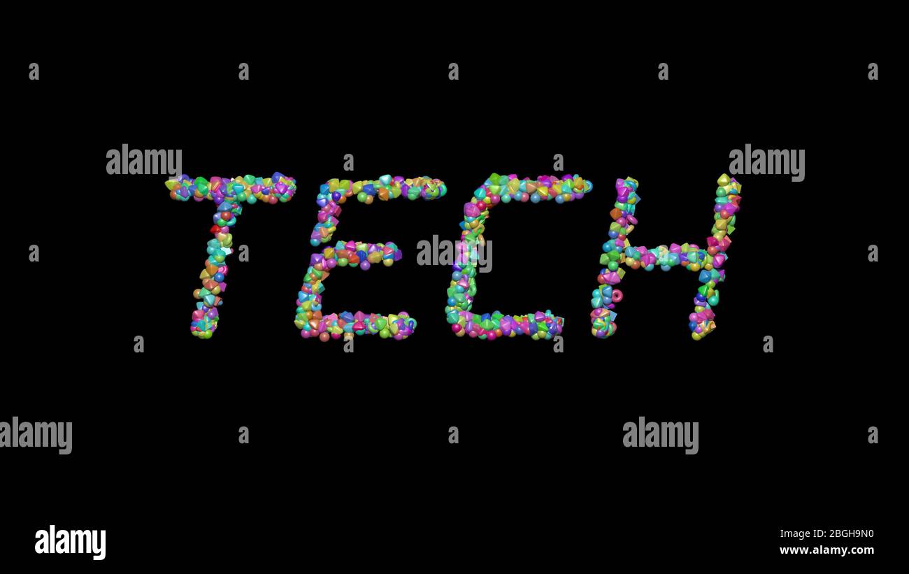 Colorful 3D writting of Tech text with small objects over a dark ...