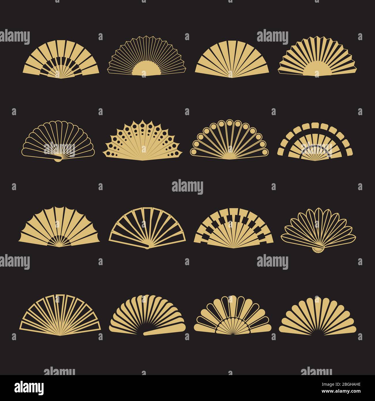 Gold hand fan vector icons. Set of hand fan isolated on black ...