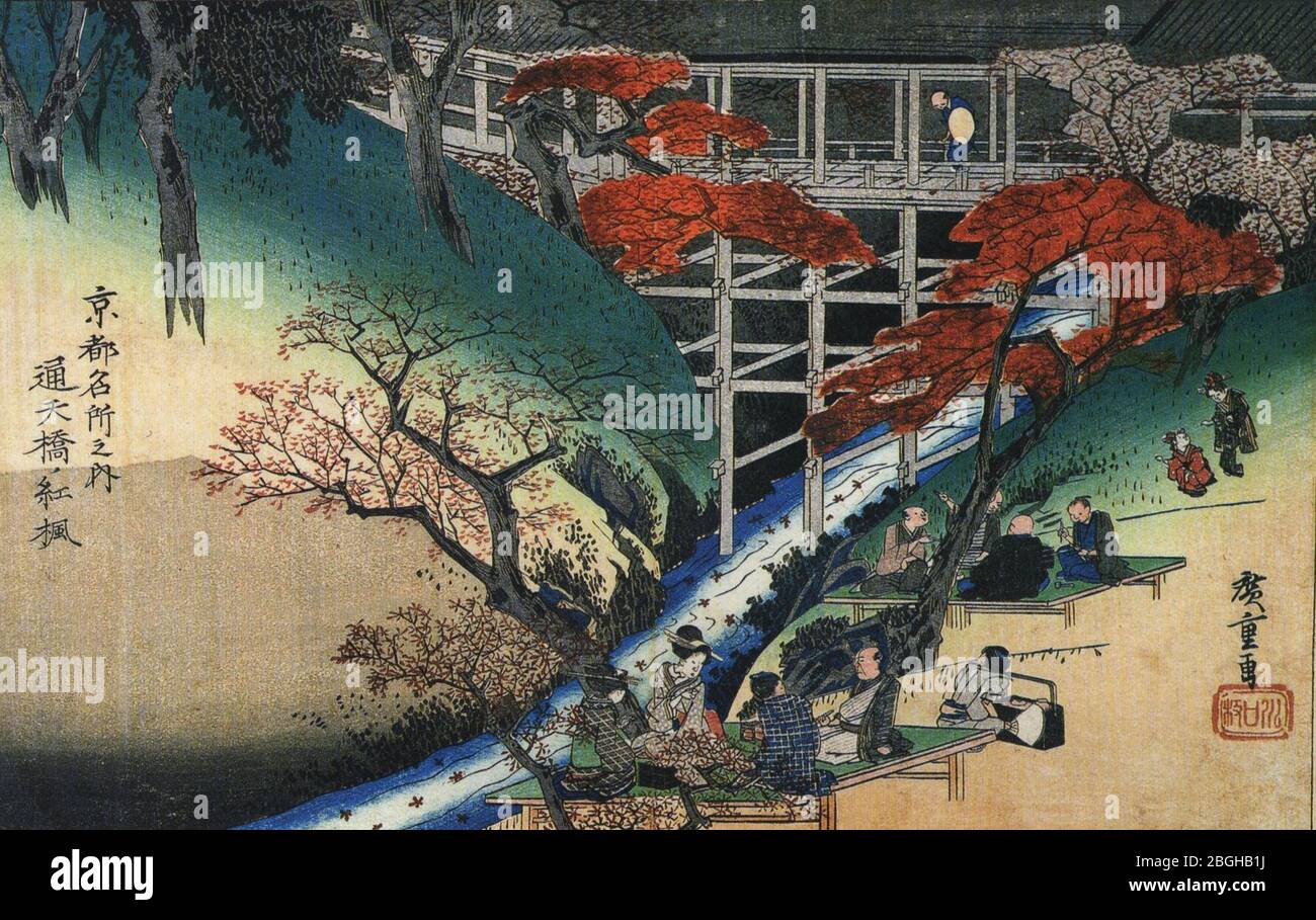 Hiroshige People under maple trees by a stream Stock Photo - Alamy