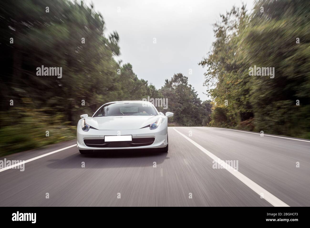 Silver sport model racing car forest drive, front view Stock Photo - Alamy