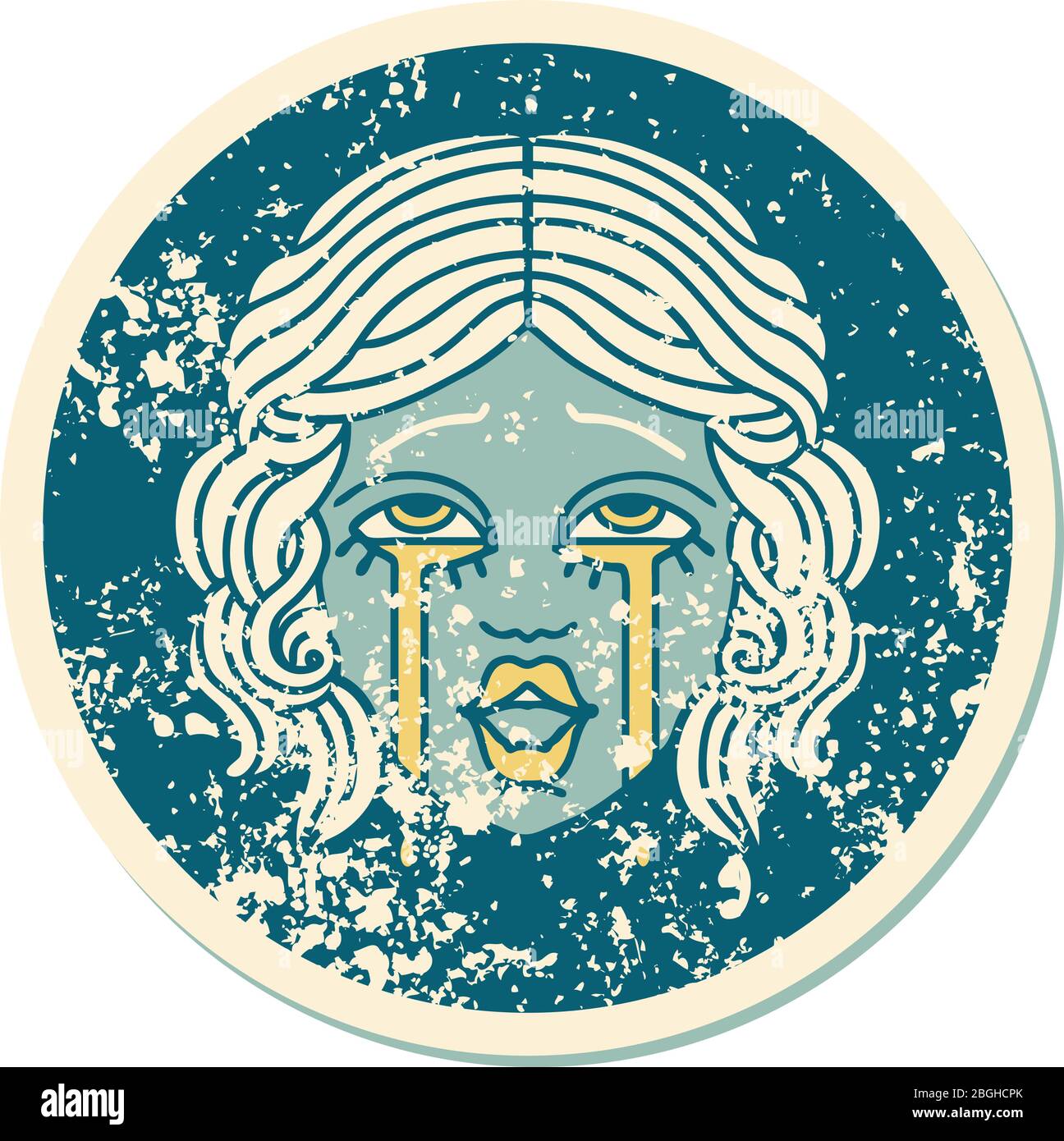 iconic distressed sticker tattoo style image of a very happy crying ...