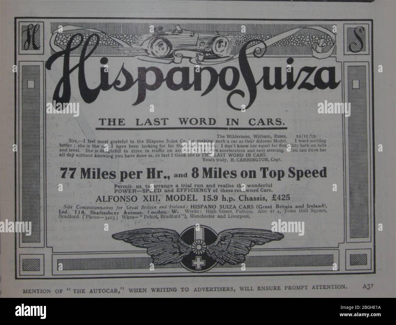 Hispano-Suiza advertisement for Alfonso XIII automobile (1913 Stock ...