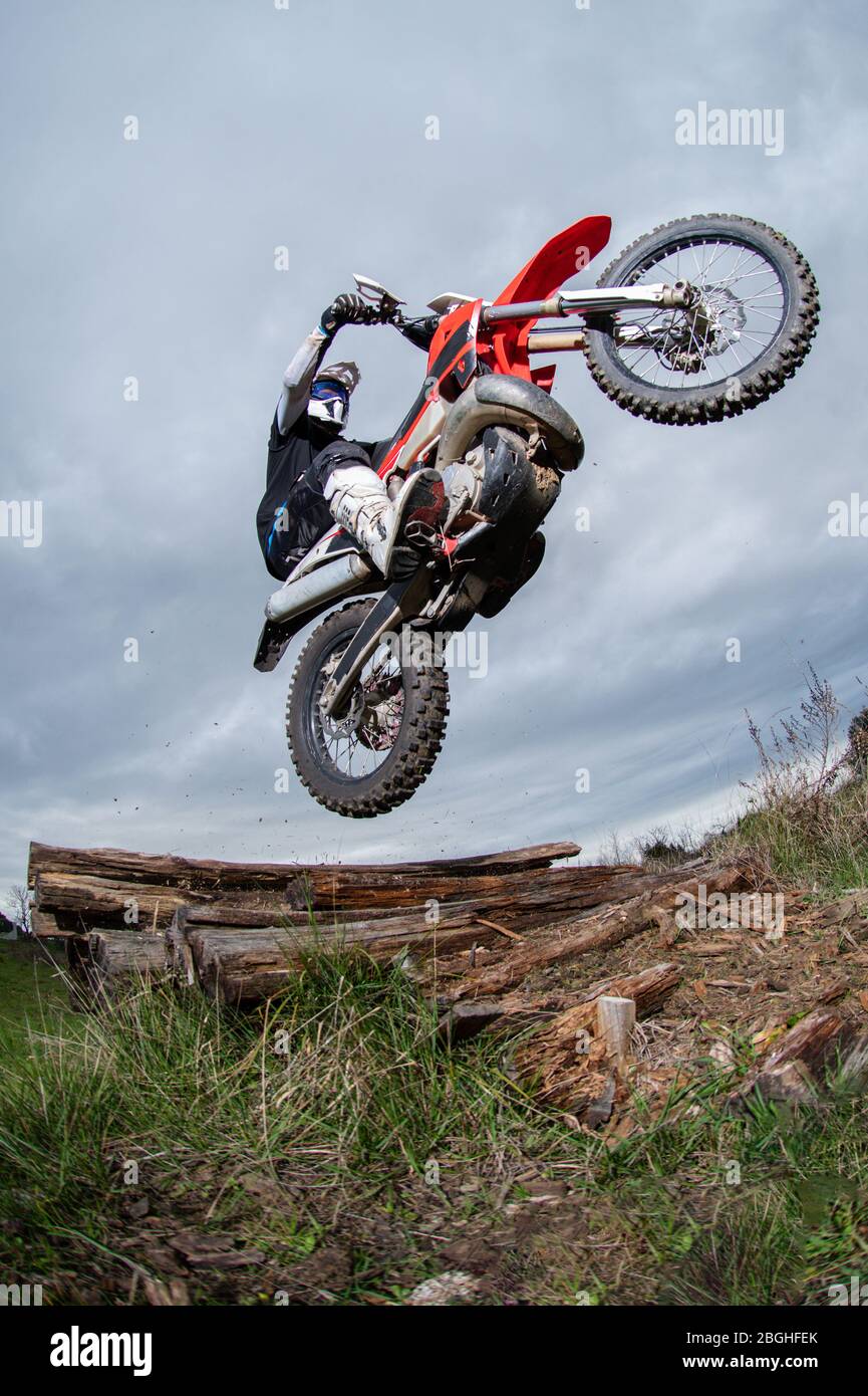 Enduro bike rider in action. Obstacle overcome on mud and grass terrain ...