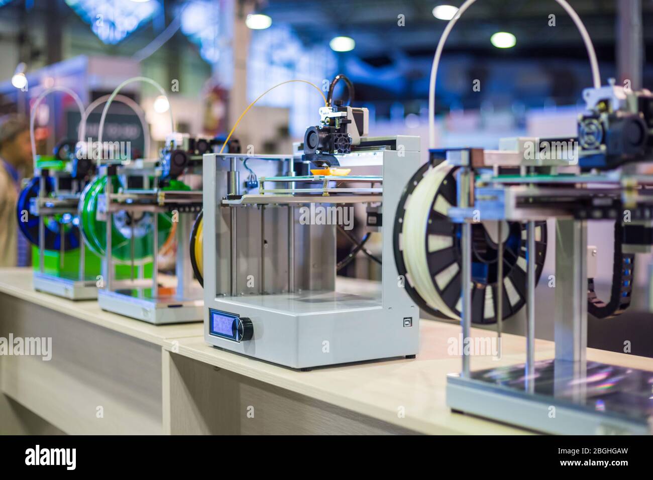 Automatic 3D printers in row during work at modern technology ...