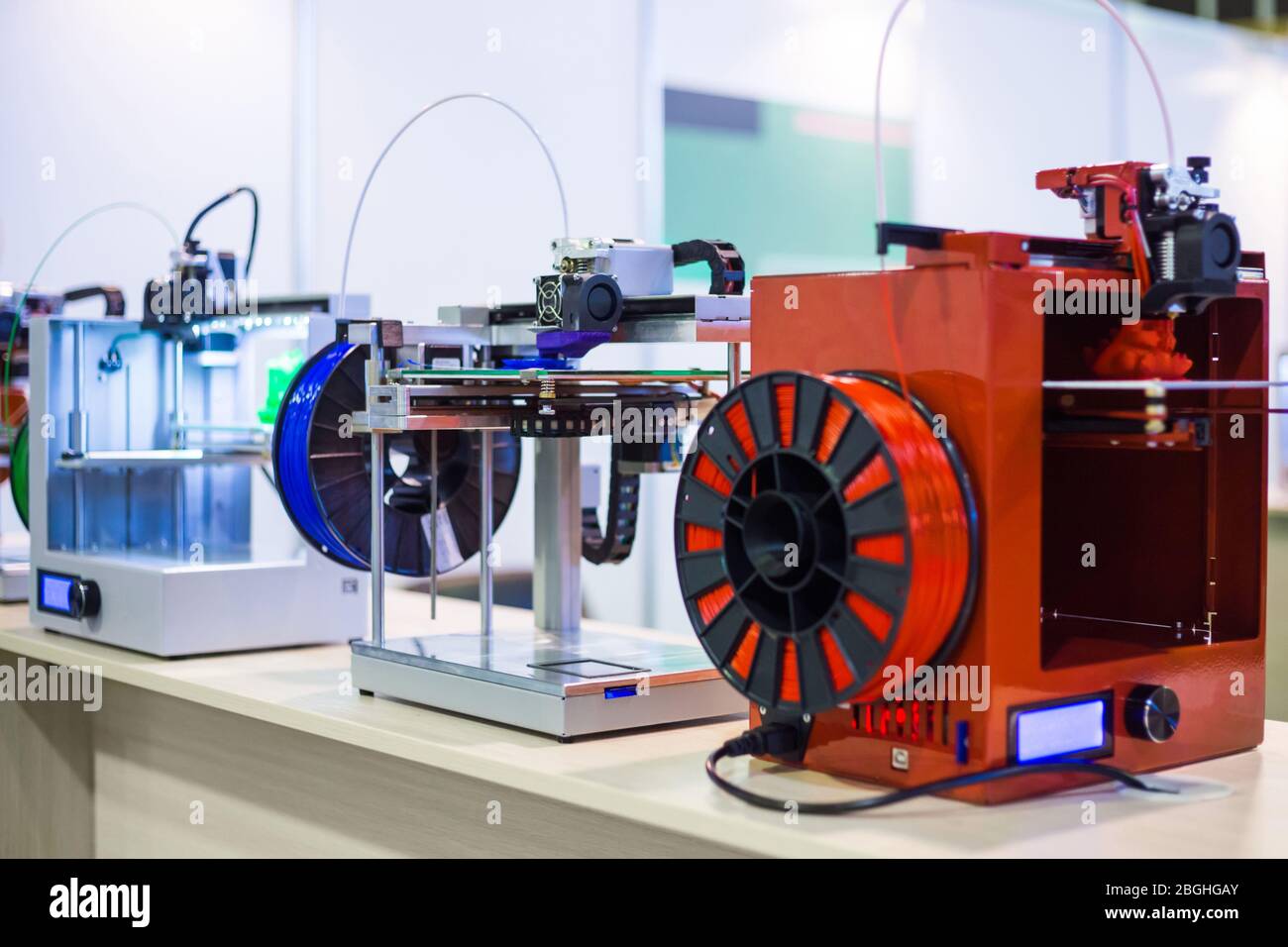 Automatic 3D printers in row during work at modern technology ...