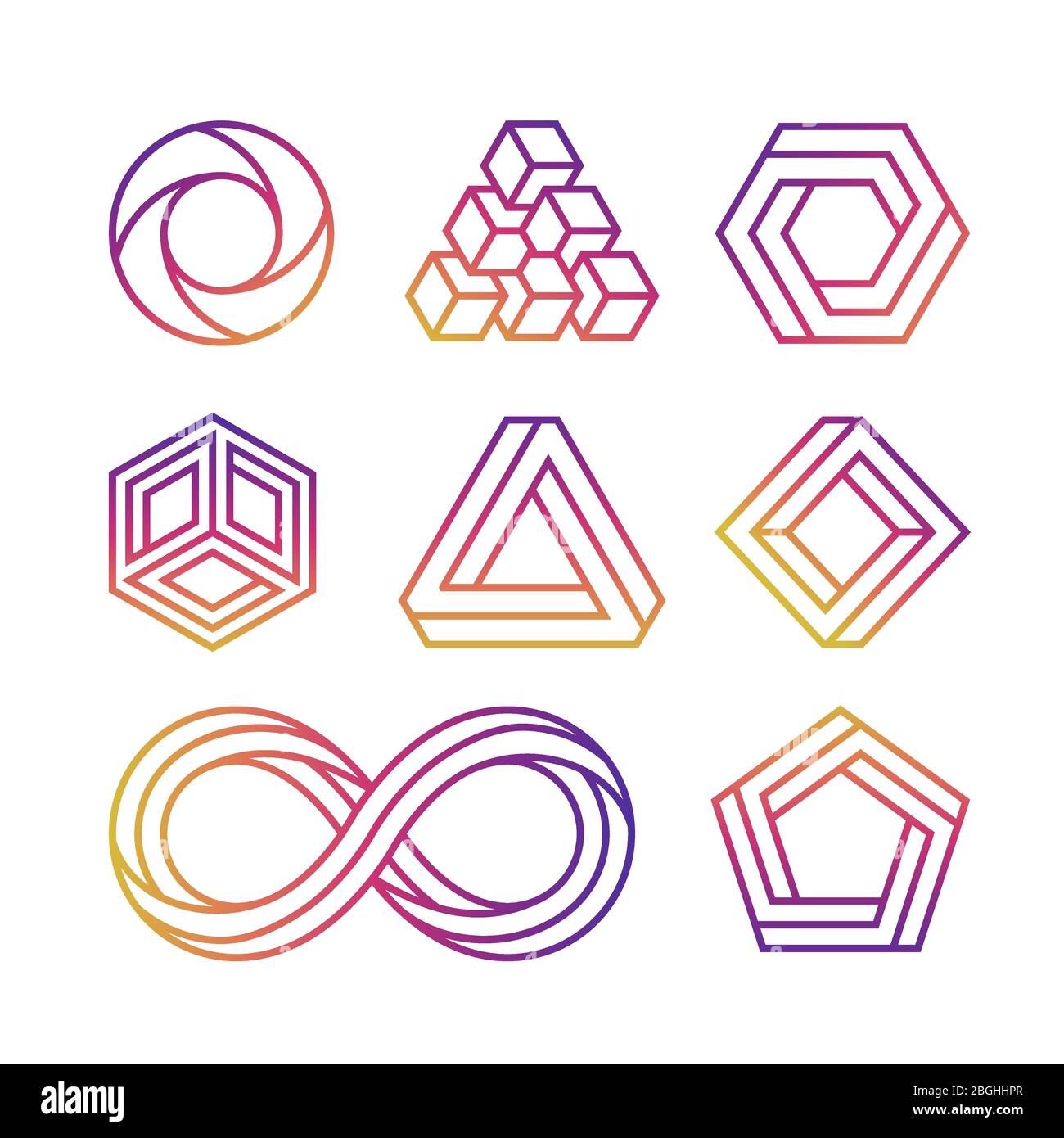 Colorful impossible vector shapes thin line minimal style isolated on ...