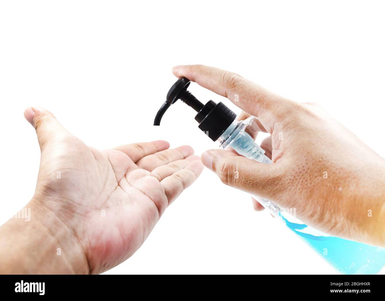 Hands using wash hand sanitizer gel pump dispenser on white background ...
