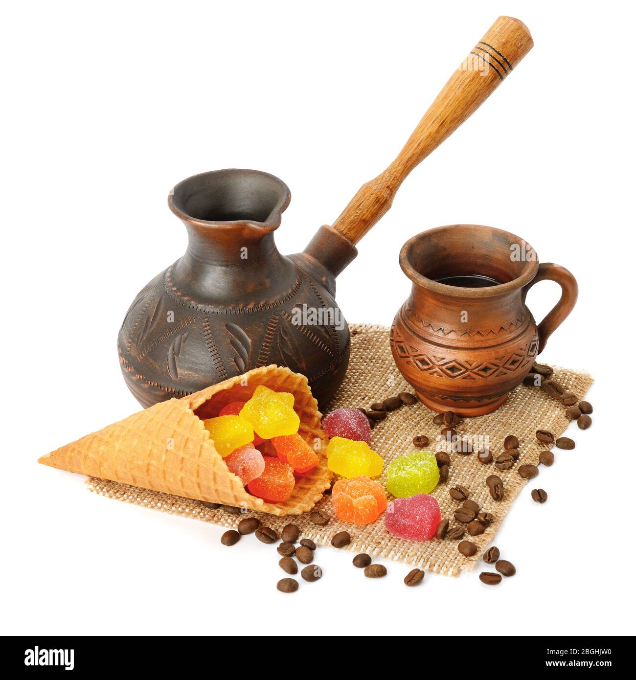 Coffeepot, cup of coffee, jujube and waffles isolated on white ...