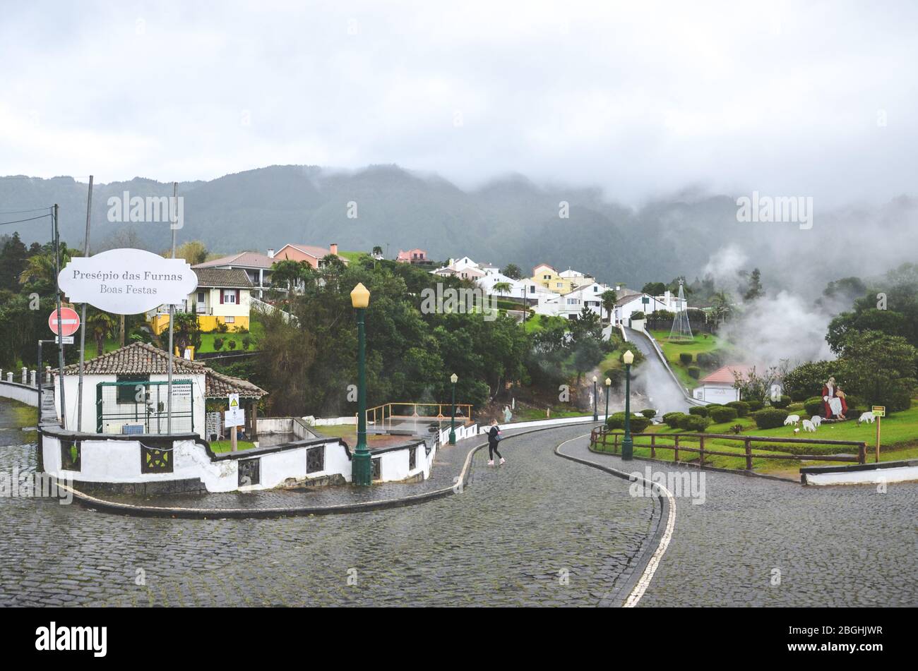 Furnas, Azores, Portugal - Jan 13, 2020: Village street by volcanic hot ...