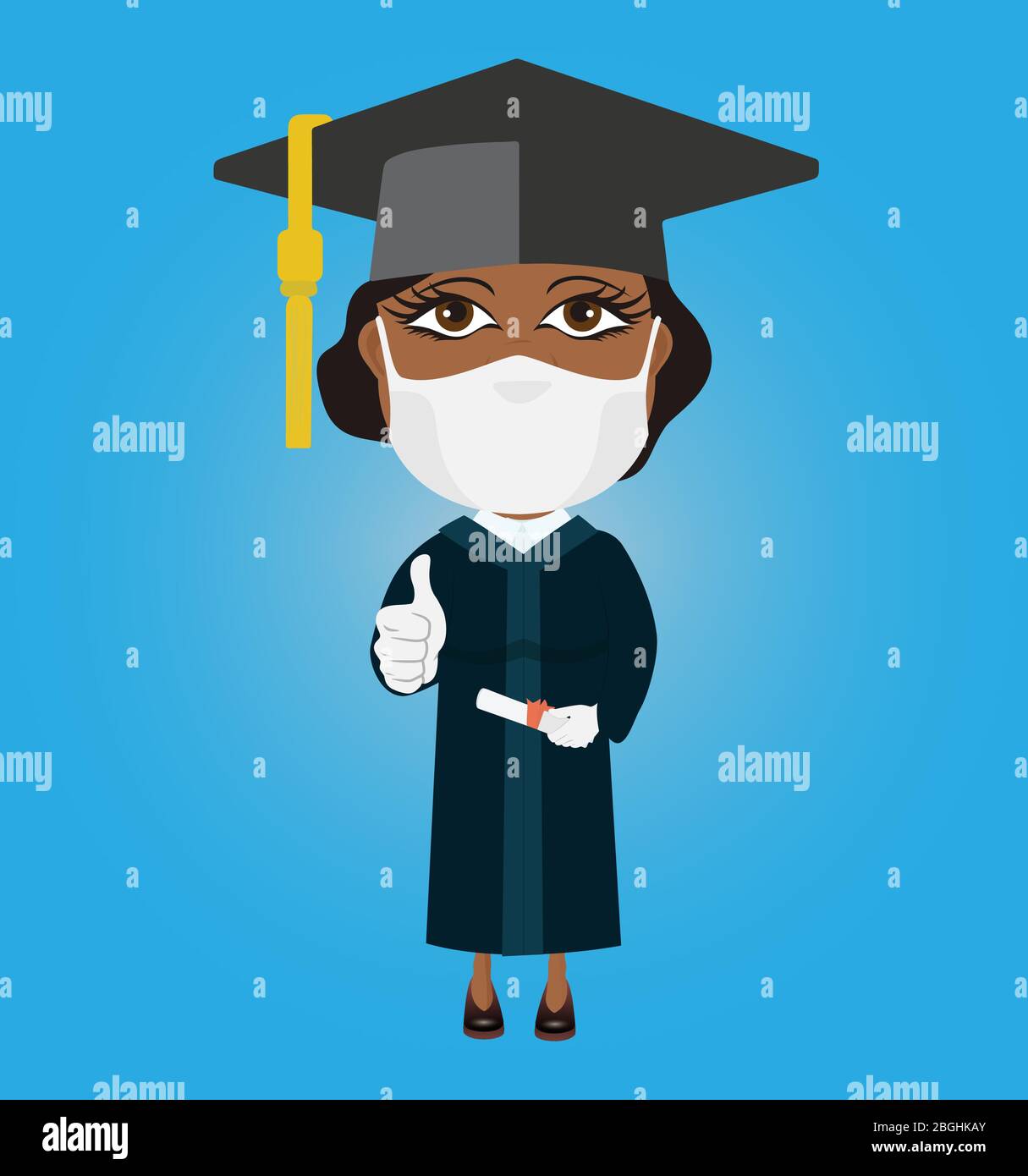 Black dark skin Afro African confused female graduate with mask white ...