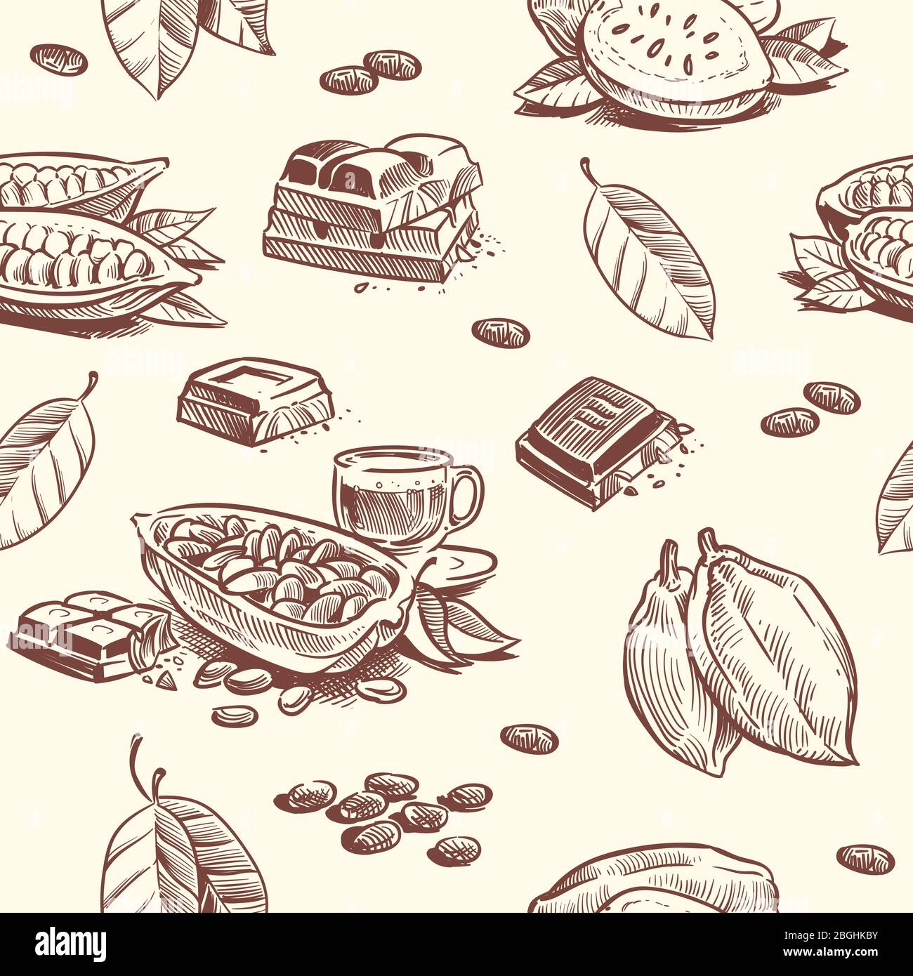 Cocoa tree, chocolate beans seamless pattern. Cacao fruit woodcut ...