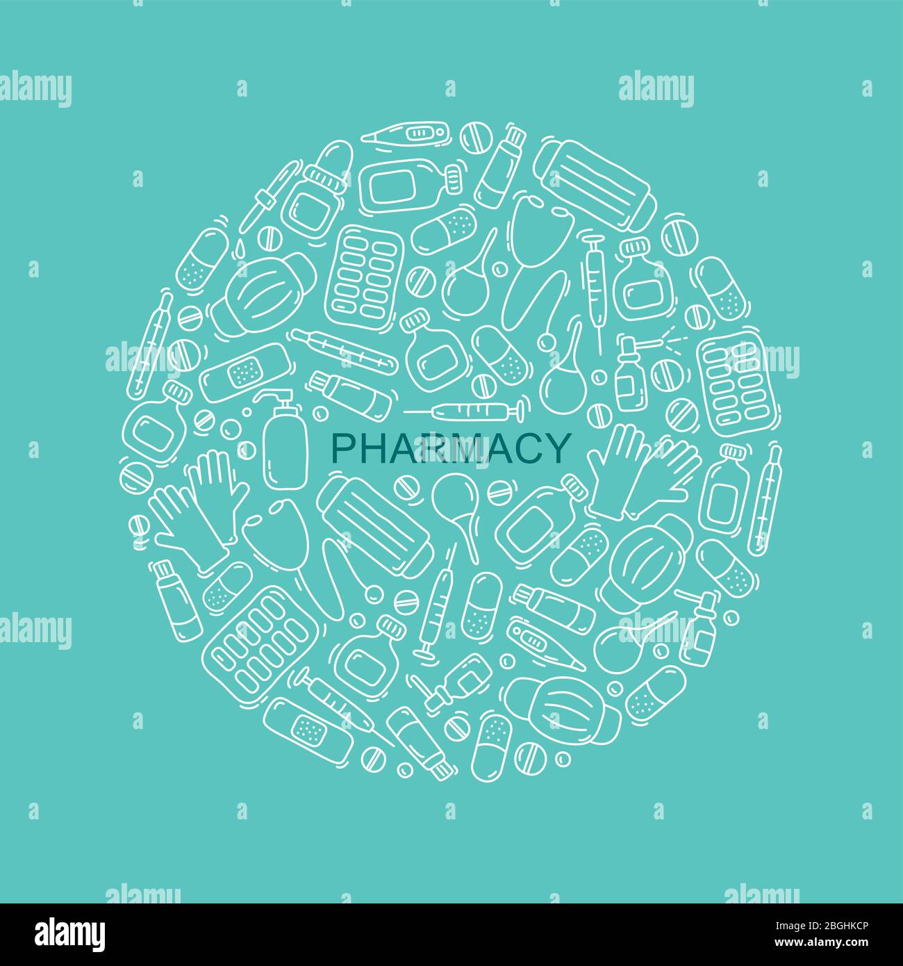 Hand drawn monoline Pharmacy doodle set background with lettering in ...