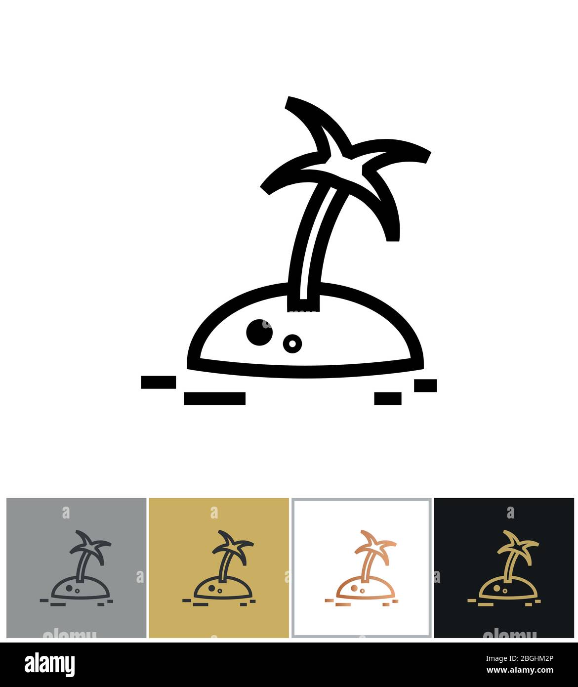 Island icon, palm tree and desert island in sea sign on white and black ...