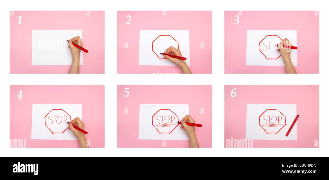 Step by step drawing, STOP road sign Stock Photo - Alamy