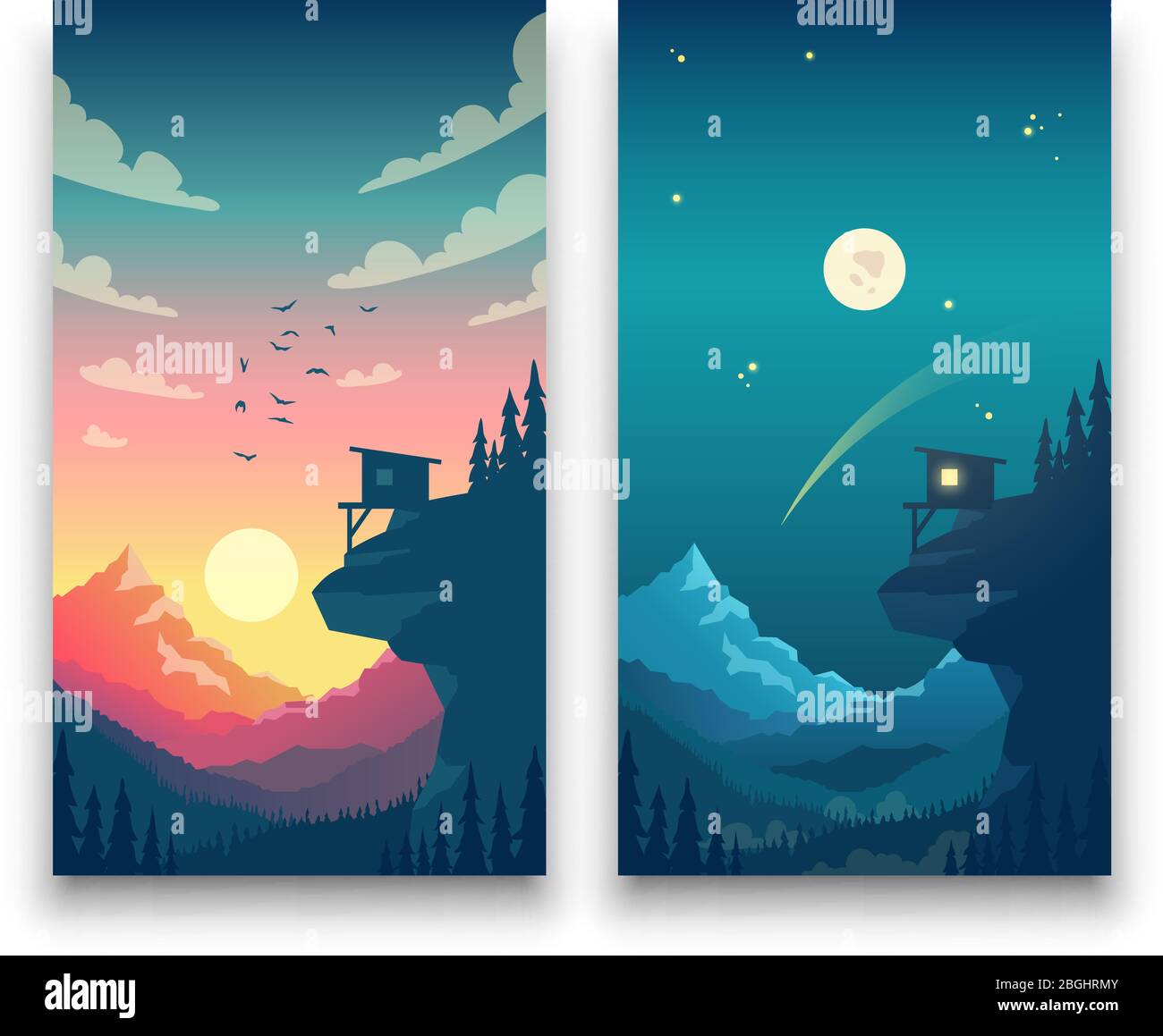 Day and night flat vector mountain landscape with moon, sun and clouds ...