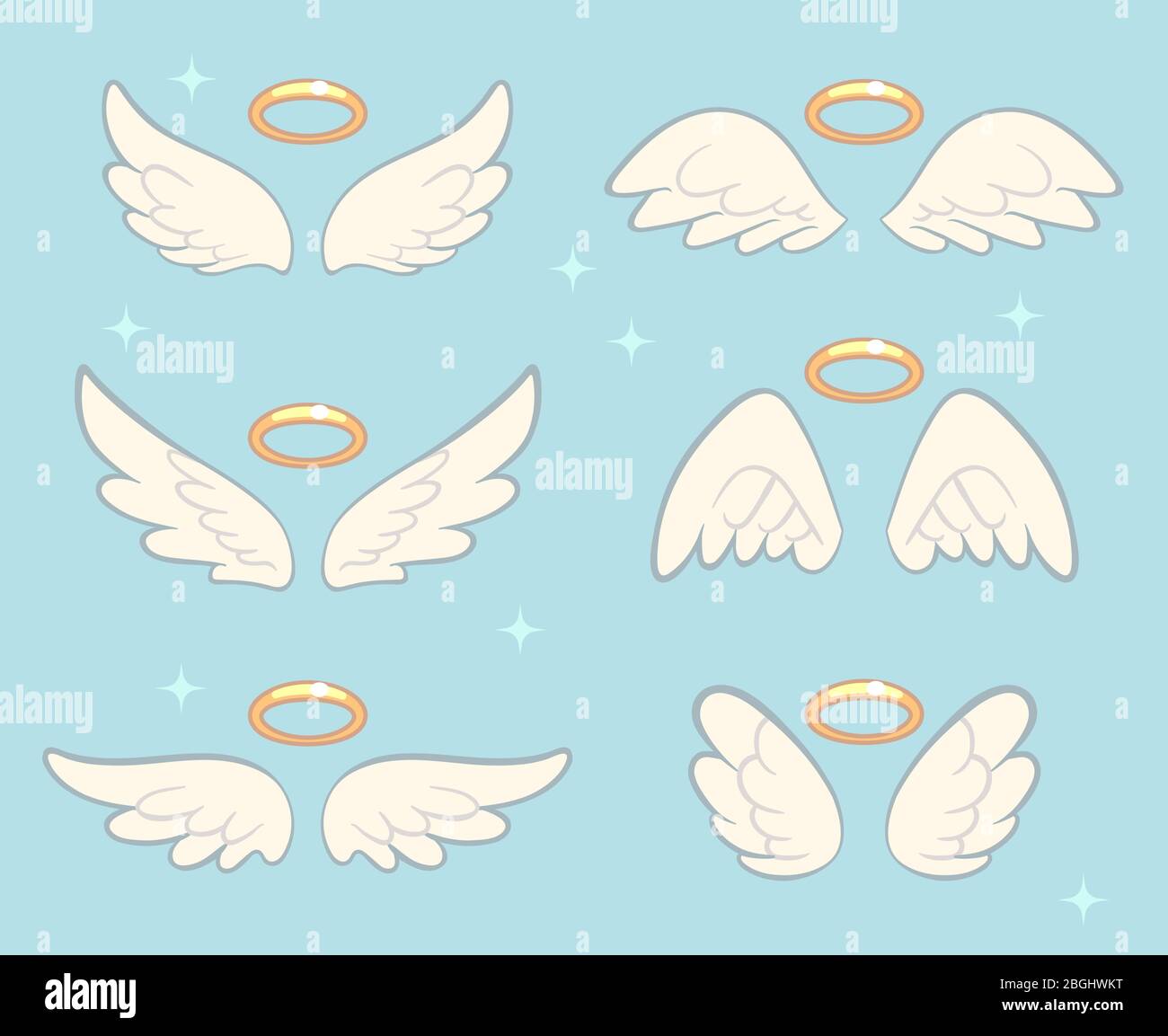 Flying Angel Wings With Gold Nimbus Angelic Wing Cartoon Vector Set